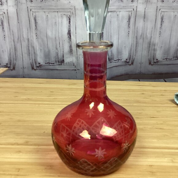 Vintage | Dining | Vintage Cranberry Red Etched Glass Decanter | Poshmark